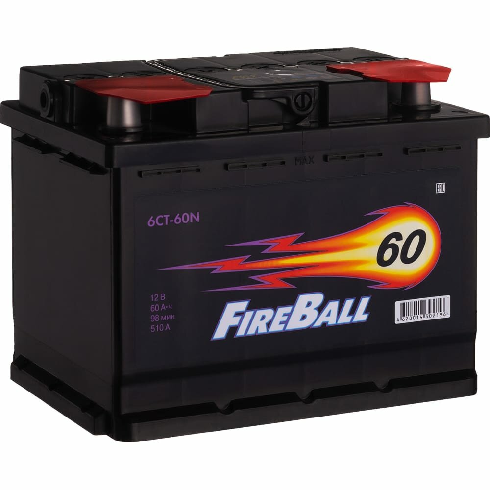 Аккумулятор FIRE BALL, 60 А/ч, 510 A CCA, прямая полярность, с электролитом для автомобилей легковых и грузовых кальциевая технология