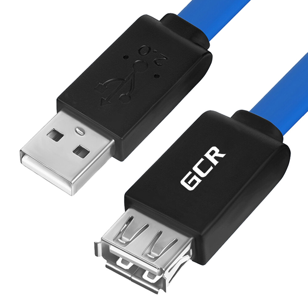 Плоский USB удлинитель короткий 50 см для 3G 4G модемов ПК ноутбука GCR USB 2.0 AM/AF черный синий