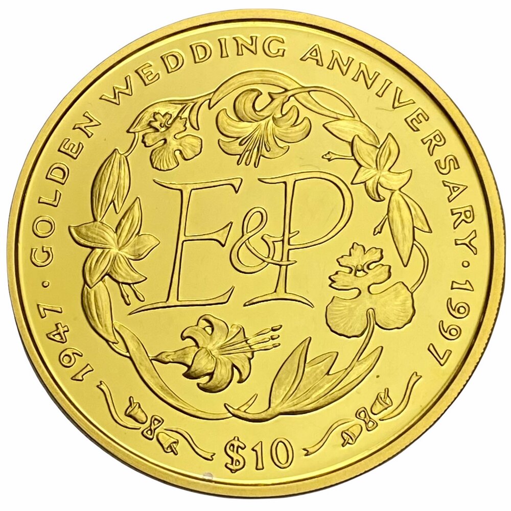 Сьерра-Леоне 10 долларов 1997 г. (Золотая свадьба Елизаветы II и Филиппа - Монограмма EP)