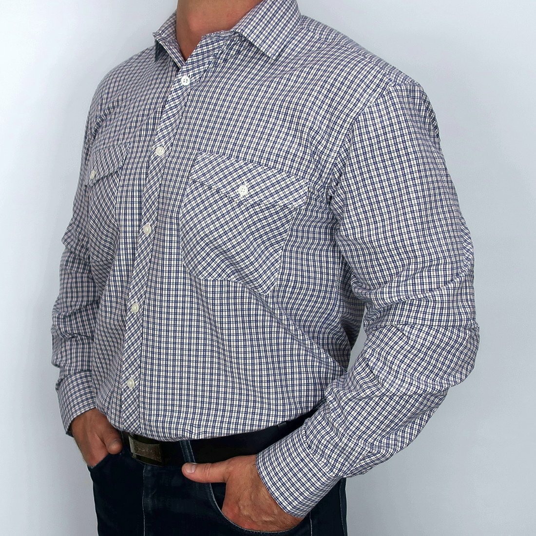 Рубашка Мужская рубашка с длинным рукавом прямая классическая, светлая сорочка на пуговицах, рубаха на любой сезон, серая клетка, с двумя карманами и клапанами, на любой сезон и на лето рубашка