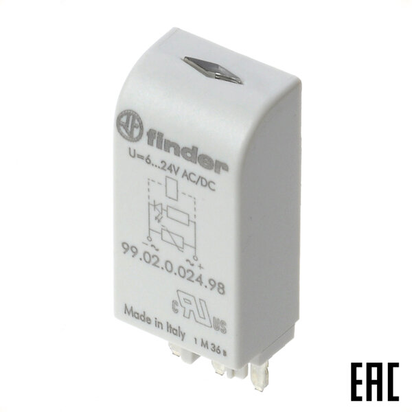 Модуль индикации 99.02.0.230.98 зеленый LED + варистор 110.240В AC/DC серия 99 Finder (6 шт. в наборе)
