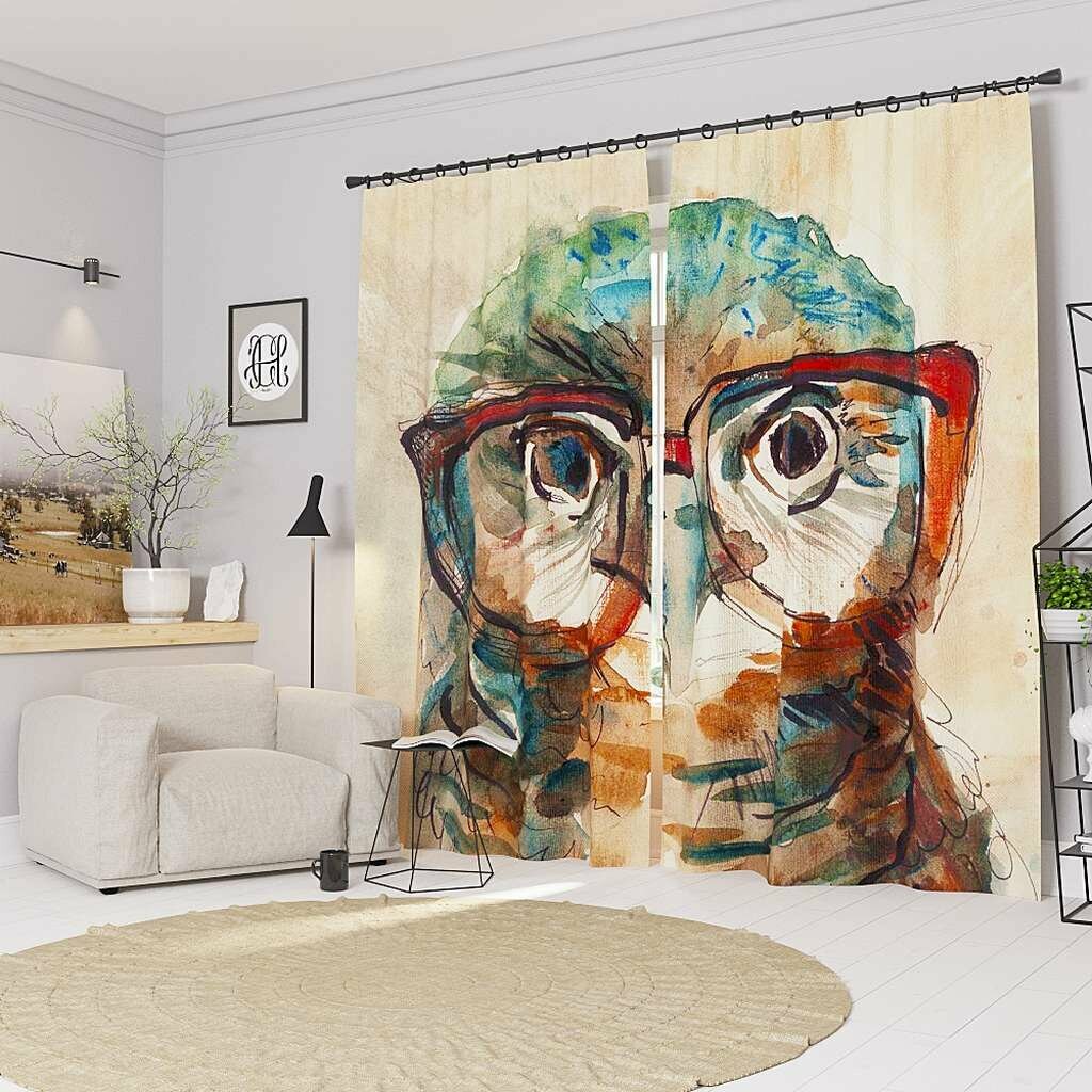 Шторы блэкаут для спальни гостиной детской комнаты с рисунком Фотошторы "Сова хипстер" Ш150xВ190 см. 2шт.