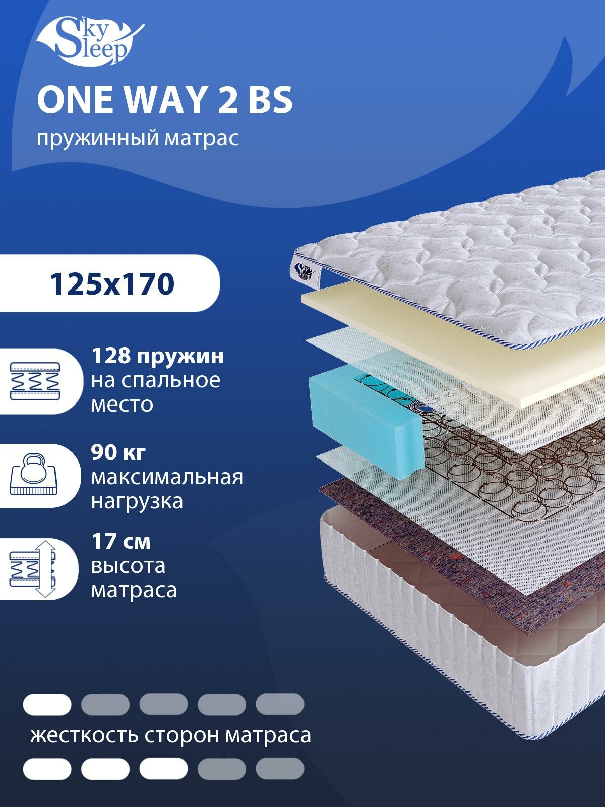Односторонний ортопедический матрас SkySleep ONE WAY 2 BS на кровать 125x170