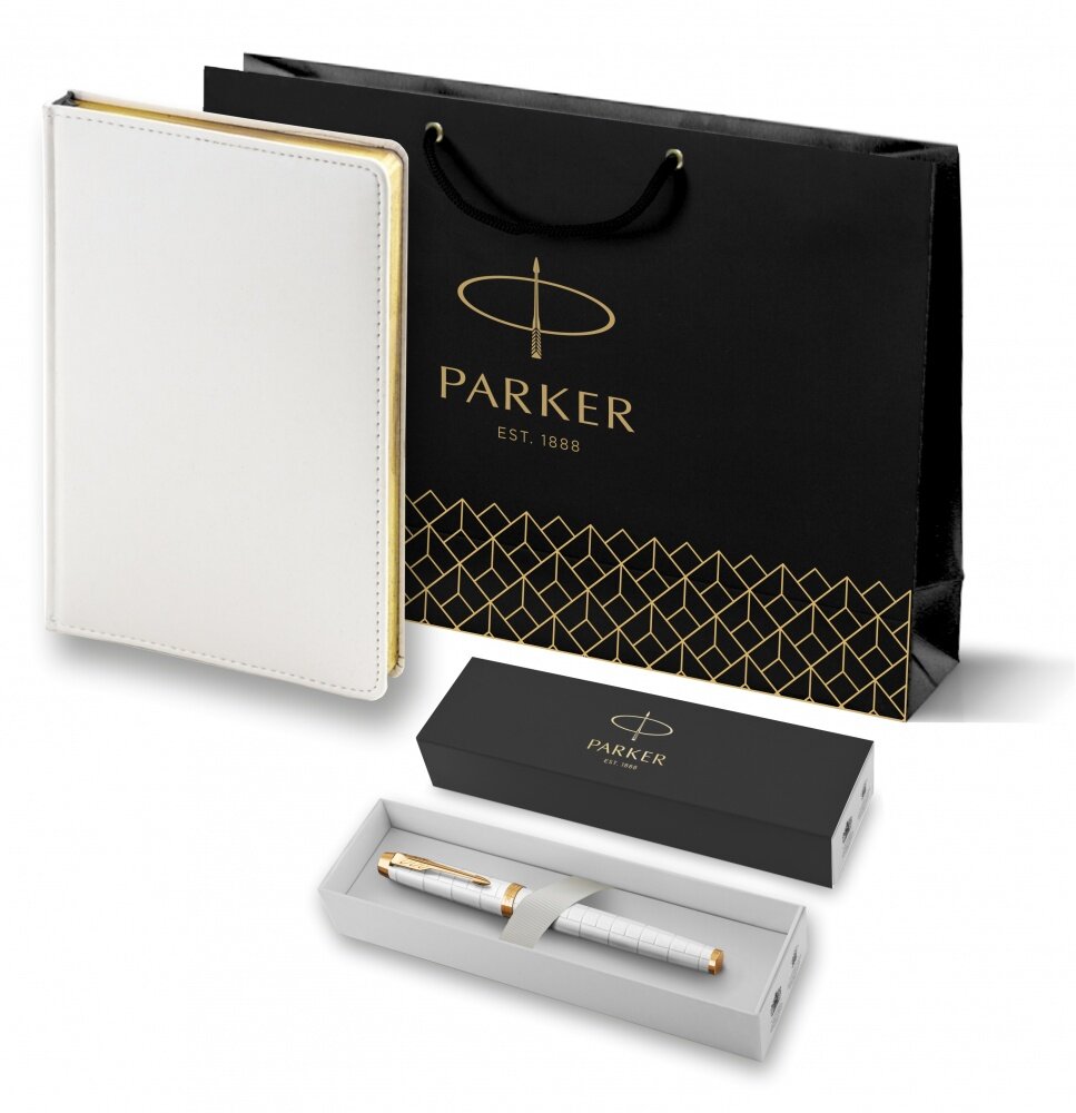 Подарочный набор: Parker IM Premium, ручка роллер, перьевая, недатированный ежедневник, черная и белая ручка 2143646