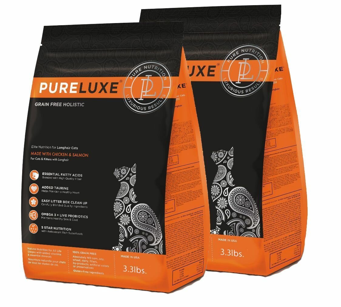 PureLuxe для длинношерстных кошек с курицей и лососем, 1,5 кг х 2 шт