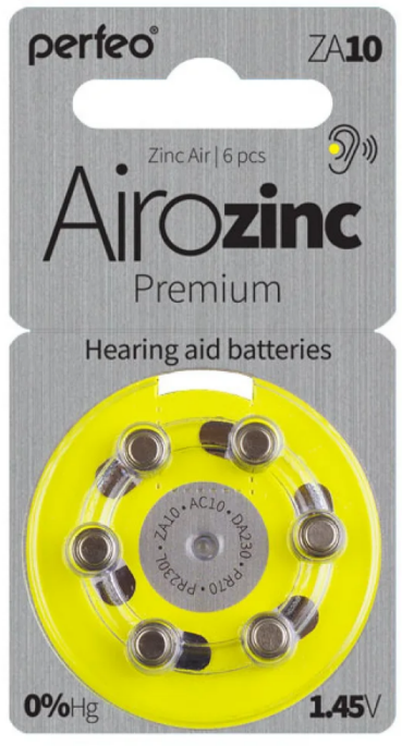 Батарейка PERFEO Airozinc Premium ZA10 BL-6 1.45V, Zinc Air 1.45V, 6 в упаковке.