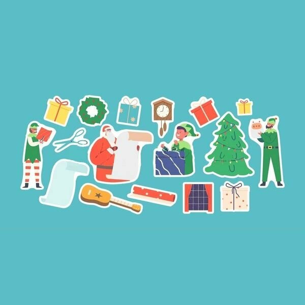 Наклейки стикеры Новогодняя работа эльфов и Санты Клауса