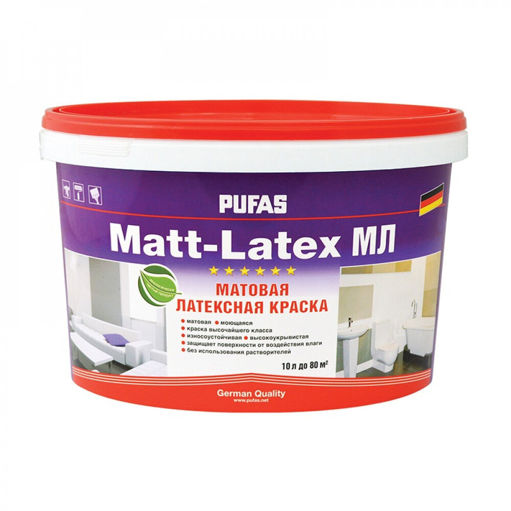 Моющаяся латексная краска Pufas MATT-LATEX матовая Основа D мороз. 10л14,3кг МЛ тов-084879