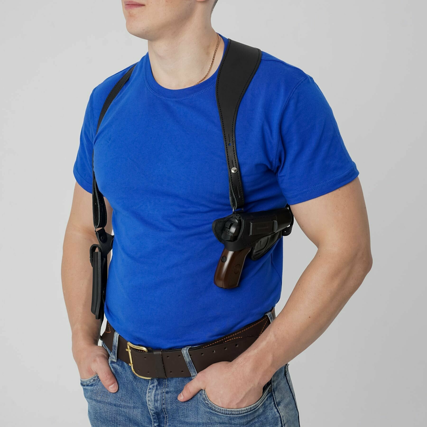 Кобура наплечная горизонтальная со скобой (пружиной) для скрытого ношения на поясе, с пеналом, формованная с плечевыми ремнями