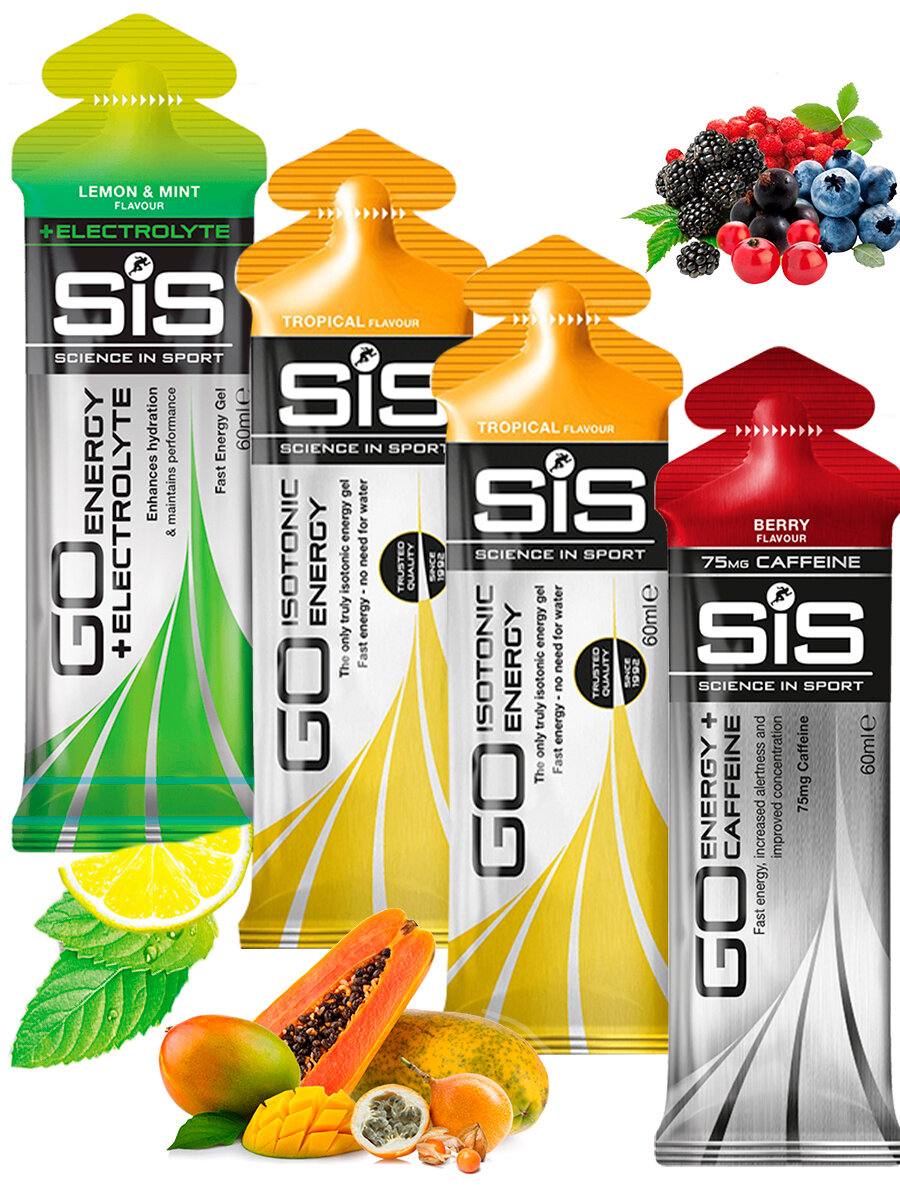 Гель питьевой SCIENCE IN SPORT (SiS) GO Energy MIX-31 4 x 60 мл, Лимон-Мята, Ягоды, Тропик