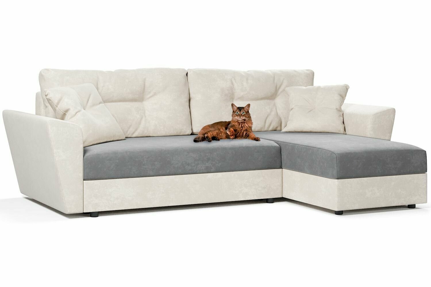 Угловой диван Амстердам еврокнижка, серый и бежевый велюр Кабрио, подушки бежевые, правый угол