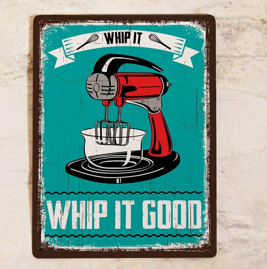 Яркая картина на металле для декора кухни Whip it в стиле плакатов и вывесок, новогодний подарок для дома, металл, 20х30 см.