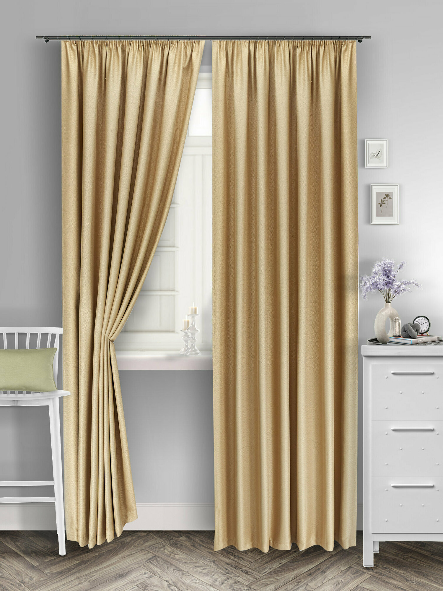 Комплект штор для комнаты блэкаут рогожка две портьеры общей шириной 300 см и высотой 250 см, золотисто-бежевый цвет