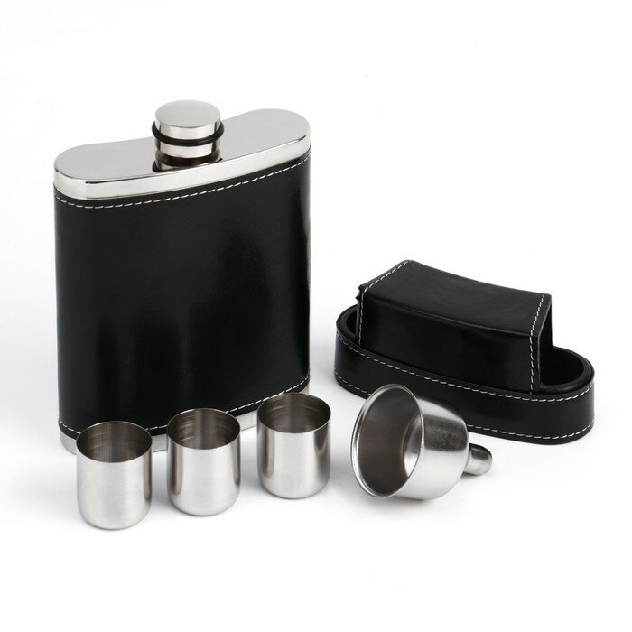 Фляжка с тремя стопками и воронкой в черной оплетке (240 мл)