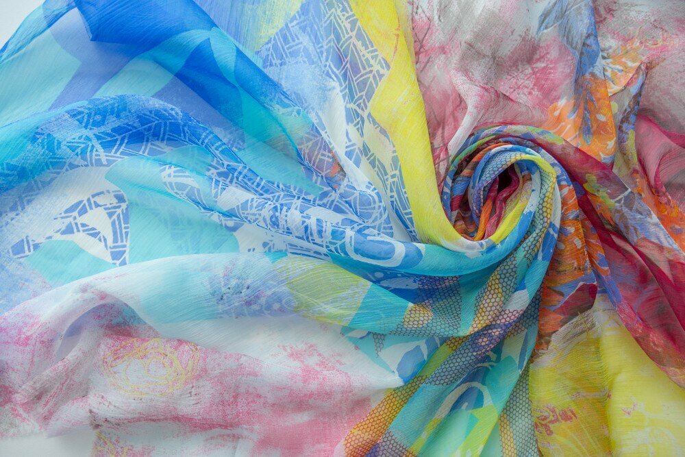 Ткань крэш шифон разноцветный с абстрактным рисунком, ширина 1.4 м
