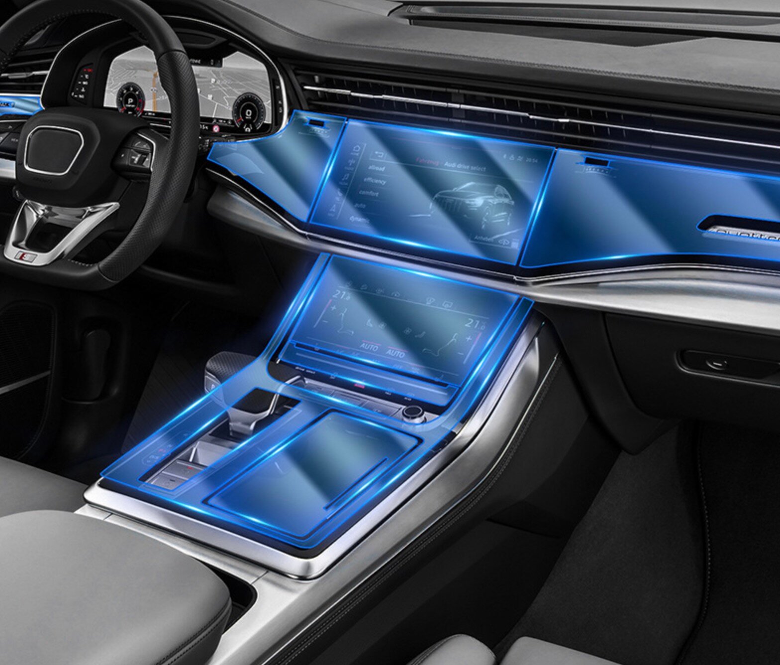 Полный комплект прозрачной защитной пленки MyPads M-156342 в салон автомобиля Audi Q8 2019 / 20 / 21 года для экранов дисплея + центрального блока .