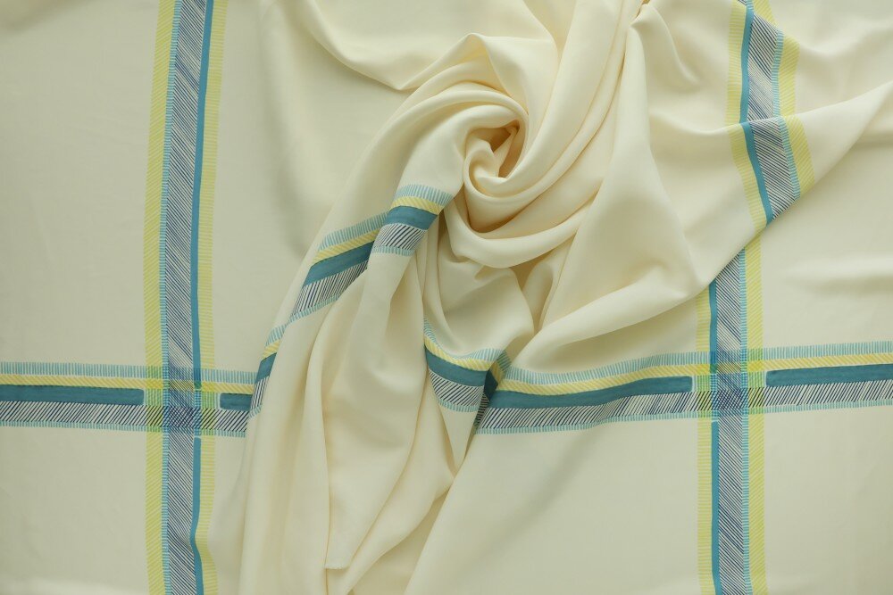 Ткань шелковое кади молочного цвета в клетку (купон), ширина 1.38 м