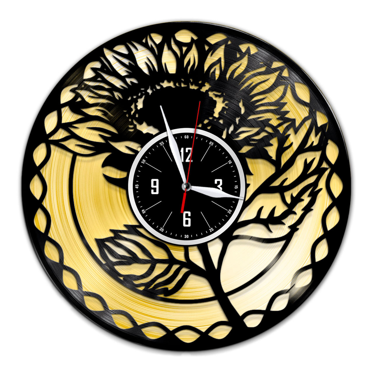Подсолнух - настенные часы из виниловой пластинки (с золотой подложкой)