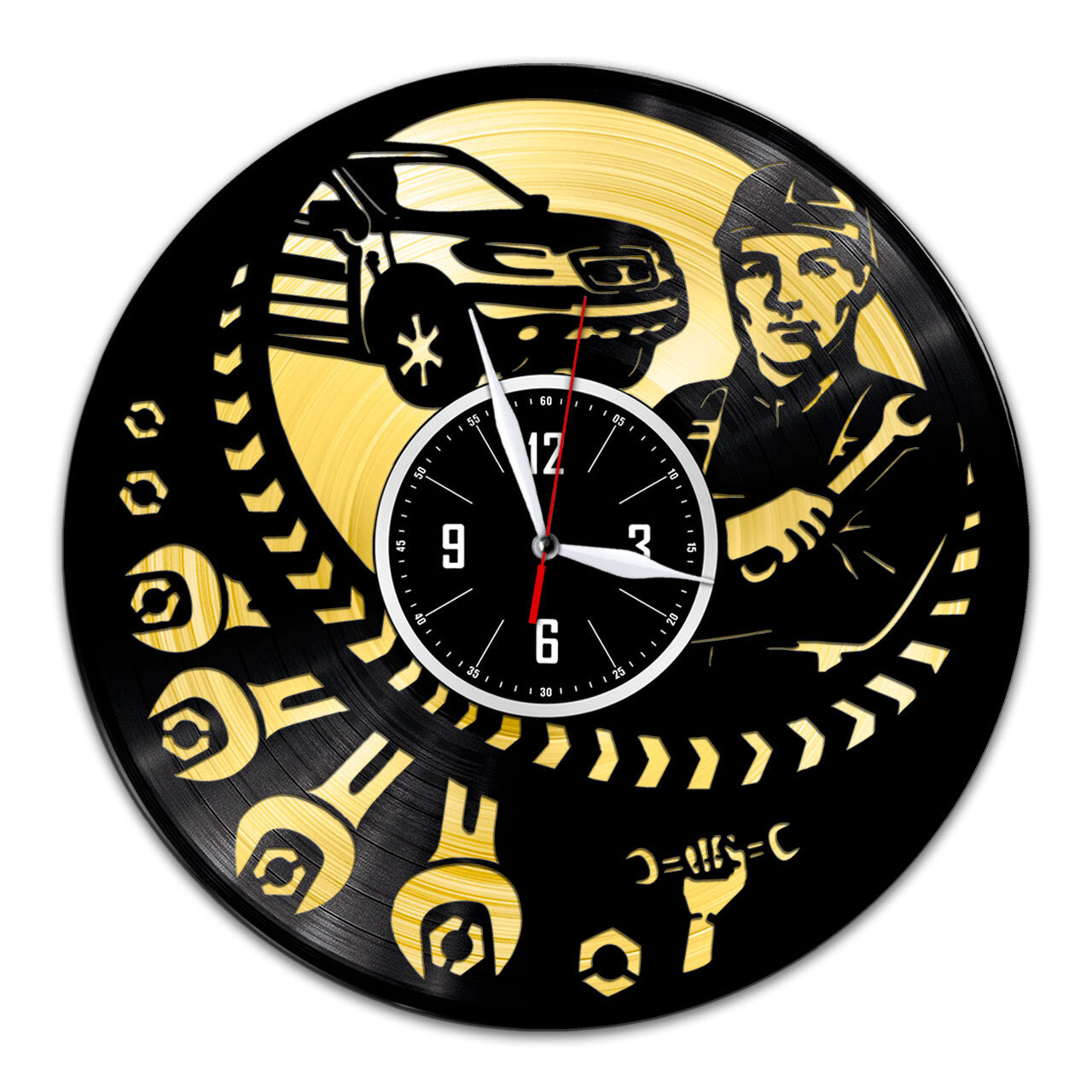 Автосервис - настенные часы из виниловой пластинки (с золотой подложкой)