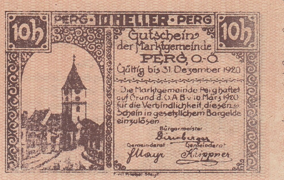 Австрия, Перг 10 геллеров 1920 г.