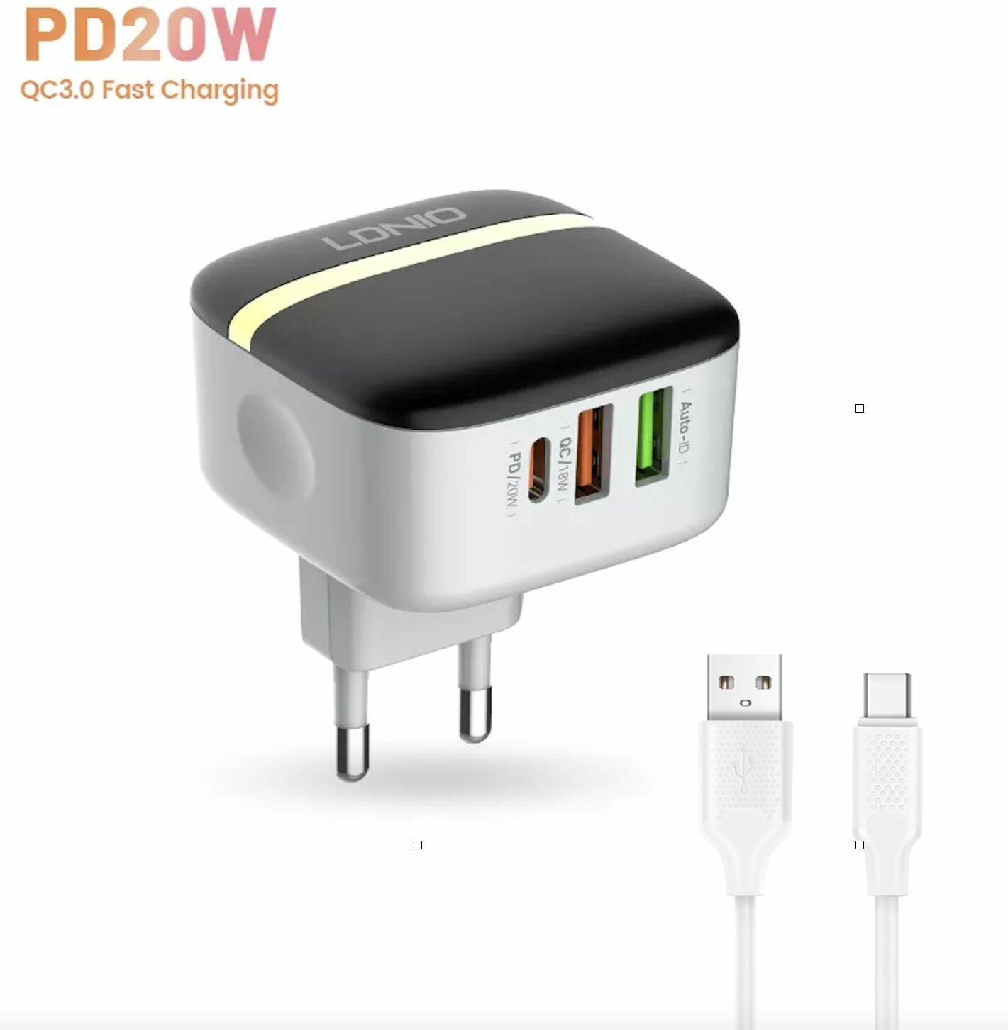 Зарядное устройство LDNIO A3513Q/QC3.0 18 Вт/PD 20 Вт/ кабель type C в комплекте, черный, белый