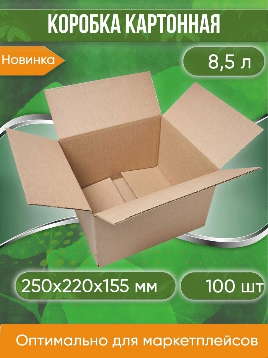 Коробка картонная, 25х22х15,5 см, Объем 8,5 л, 100 шт. (Гофрокороб, 250х220х155 мм )