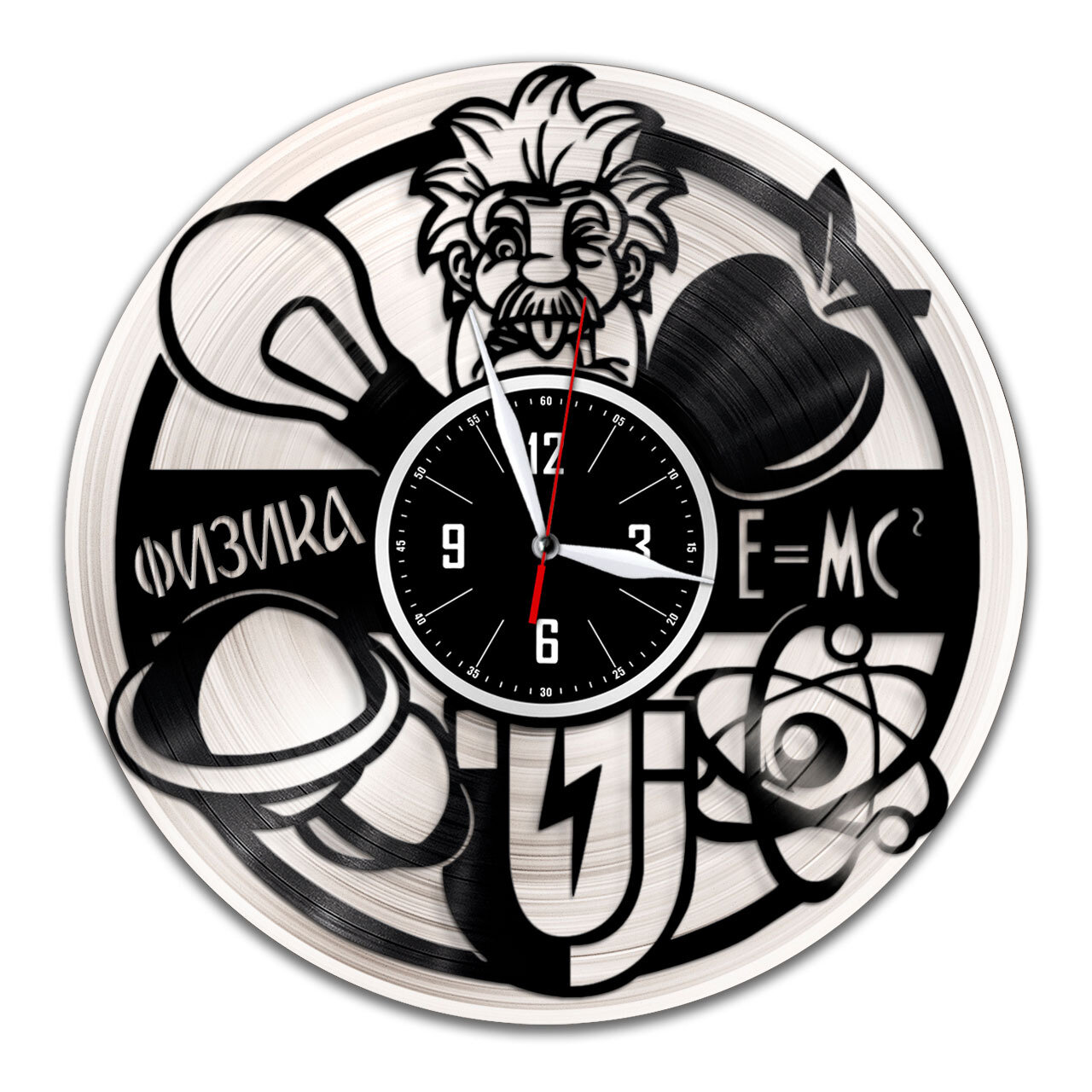 Физика - настенные часы из виниловой пластинки (с серебряной подложкой)