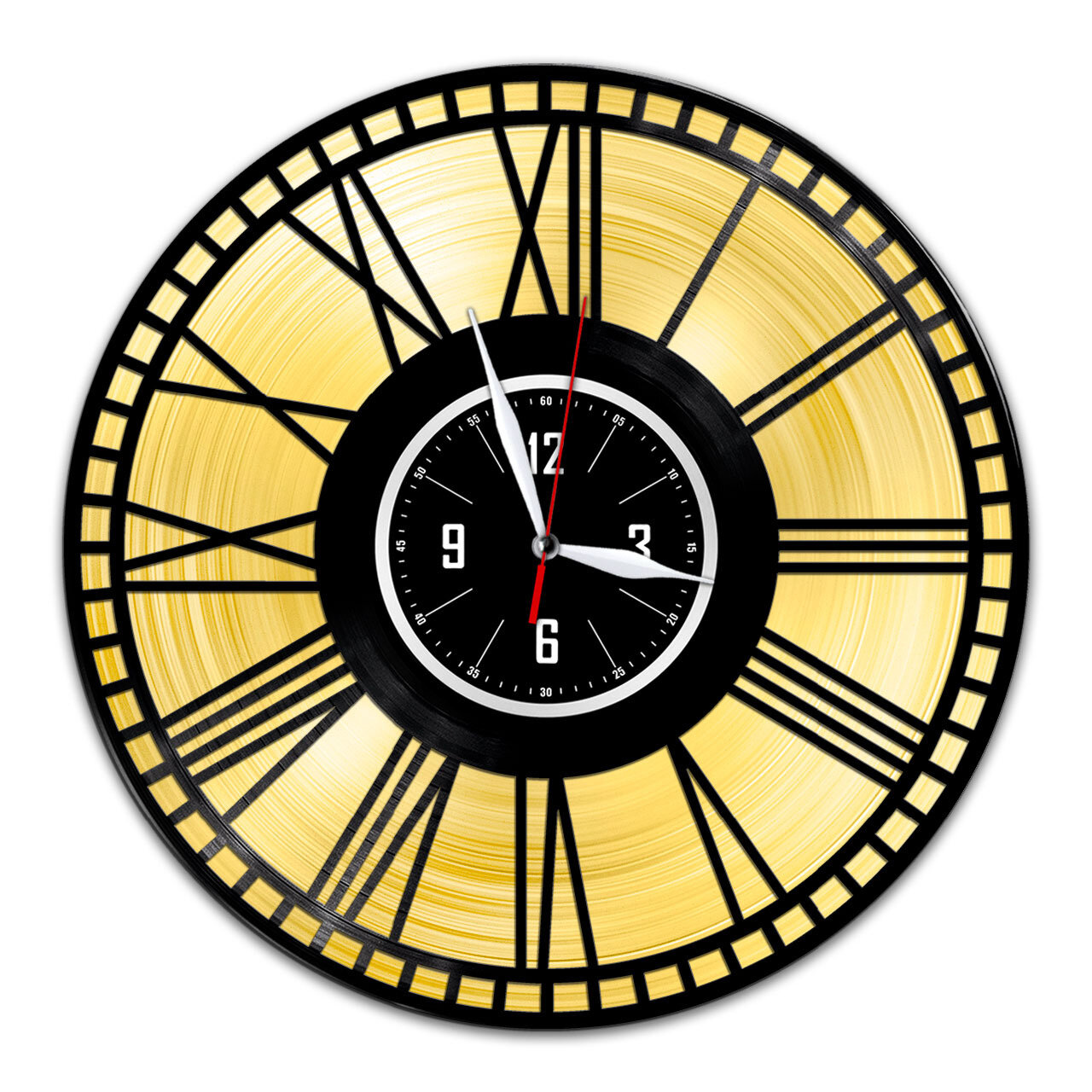 Римские цифры - настенные часы из виниловой пластинки (с золотой подложкой)