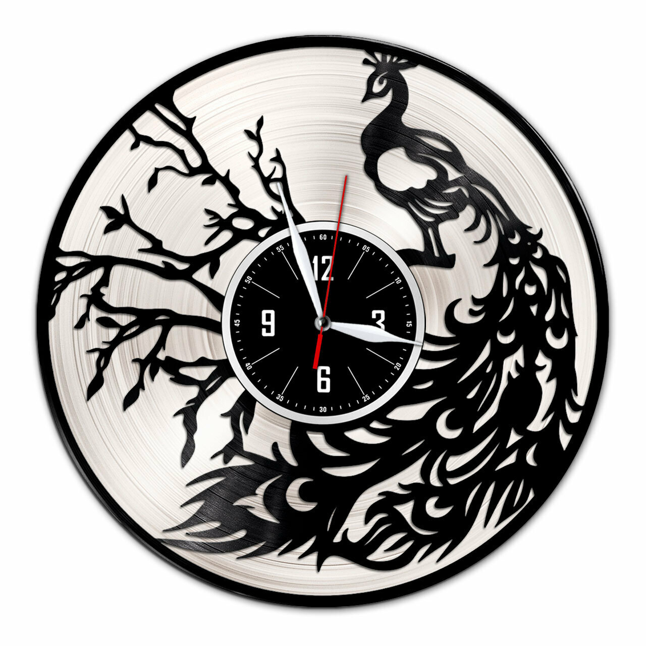 Павлин - настенные часы из виниловой пластинки (с серебряной подложкой)