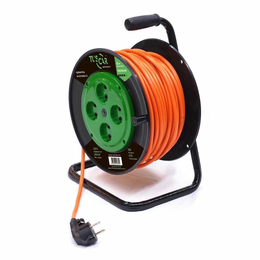 Удлинитель эл. силовой TUSCAR 50м, 4 розетки, на пласт. катушке, с/з, ПВС 3*1.5, 3.5кВт