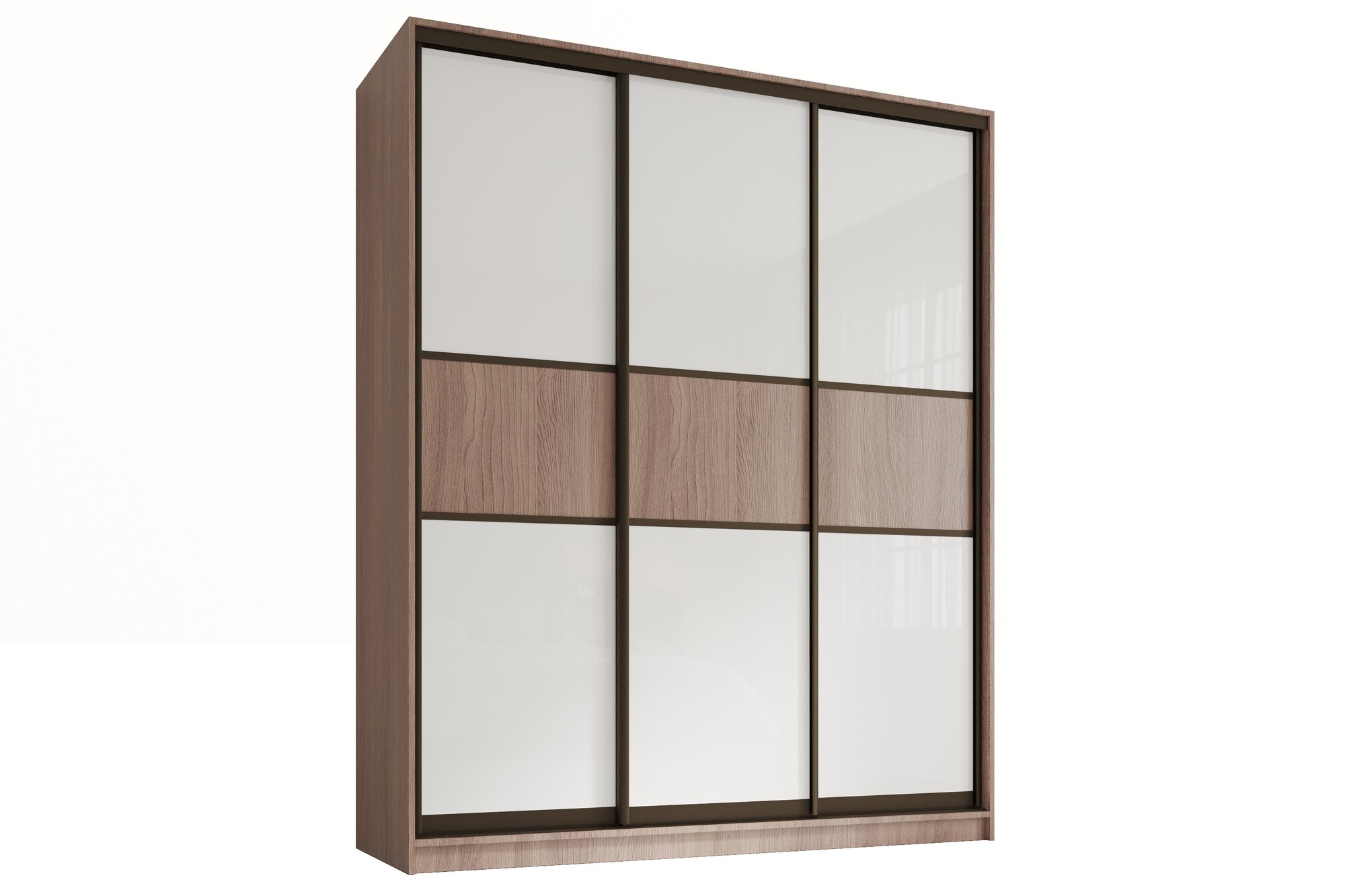 Шкаф купе для одежды Кастелло 3, Оракал белый, МФ-Купе, 240х45х240, белье/платье, ясень шимо темный, профиль коньяк