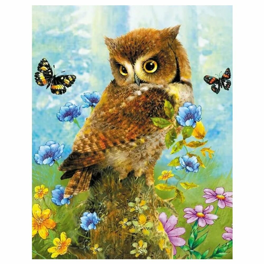 Картина стразами Алмазная мозаика "Сова" 40х50 см без подрамника, полная выкладка, круглые стразы 28 цветов, стилус, лоток для кристаллов