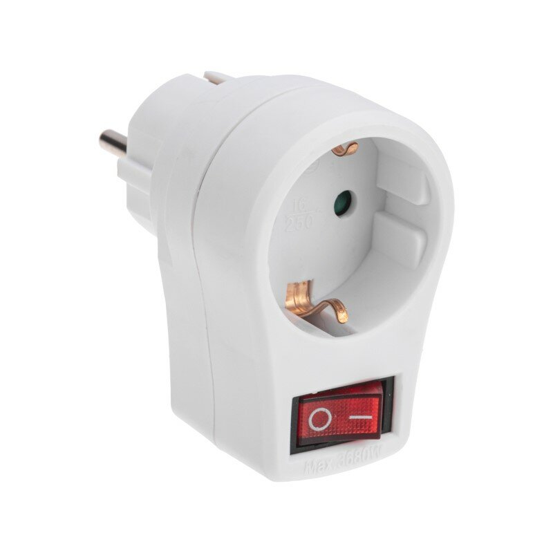 Адаптер сетевой (переходник) 16А с выключателем, заземлением и защитными шторками, белый REXANT