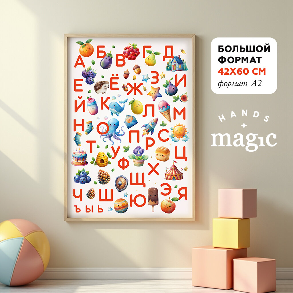 Постер "Волшебный Русский Алфавит" 40х60 см. Обучающий плакат в детскую комнату, без рамки
