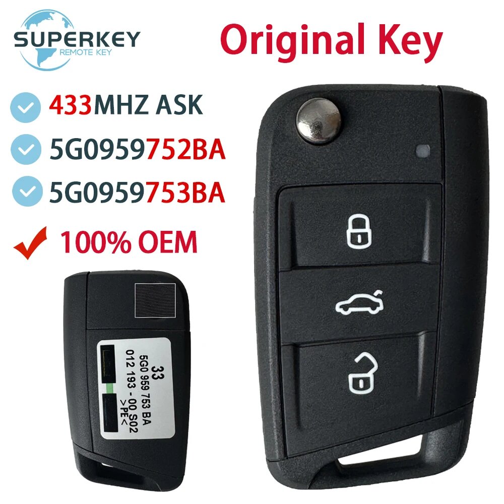 Оригинальный для Volkswagen VW Golf 7 для Skoda Octavia A7, половина ключа, 434 МГц, MQB48, дистанционный автомобильный брелок 5G 0959753 БА 5Г 0959752 BA