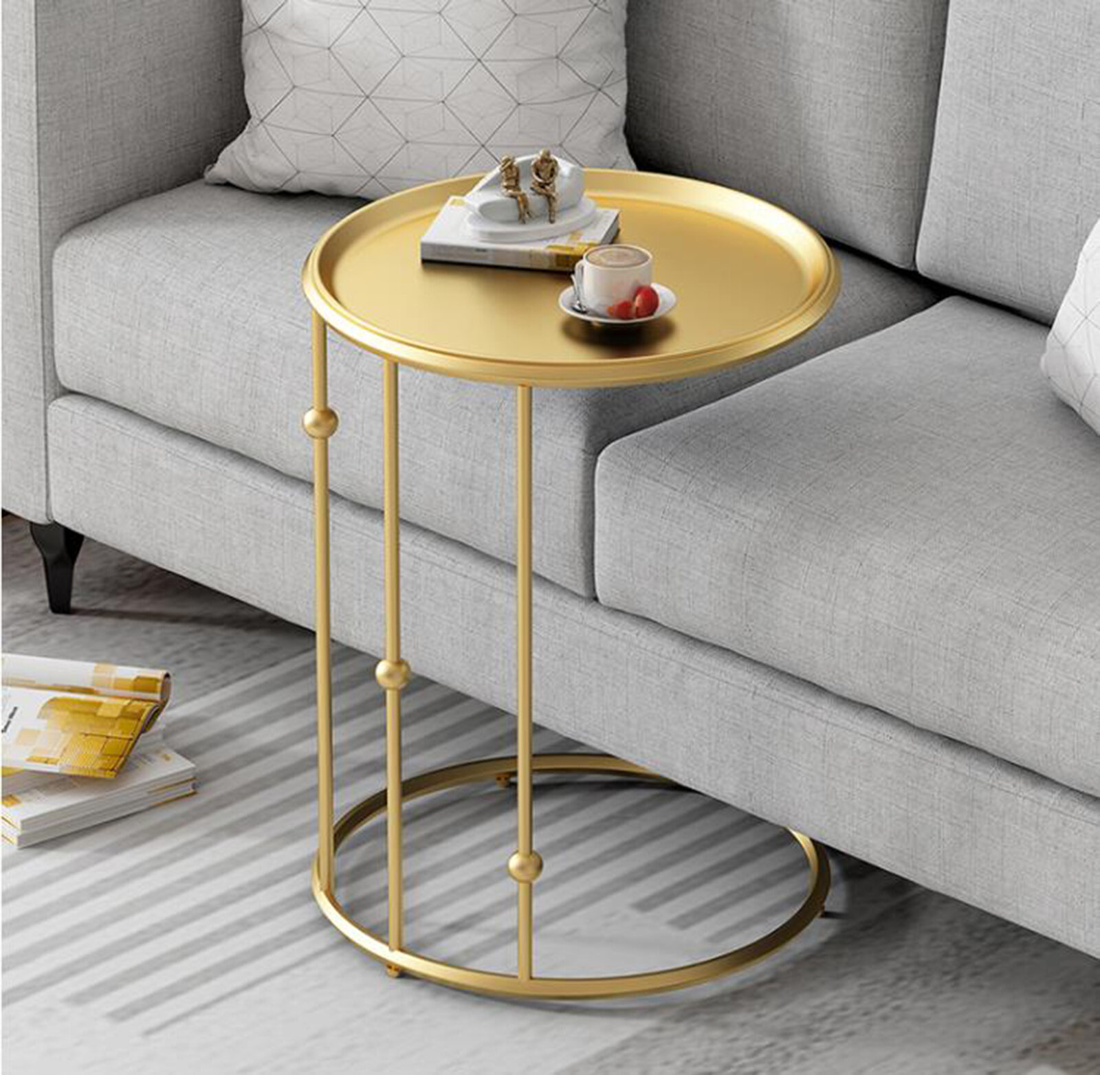 Приставной столик для дивана С-образной формы, круглый металлический стол, мебель для кафе и спальни, золото,40*40*55 см