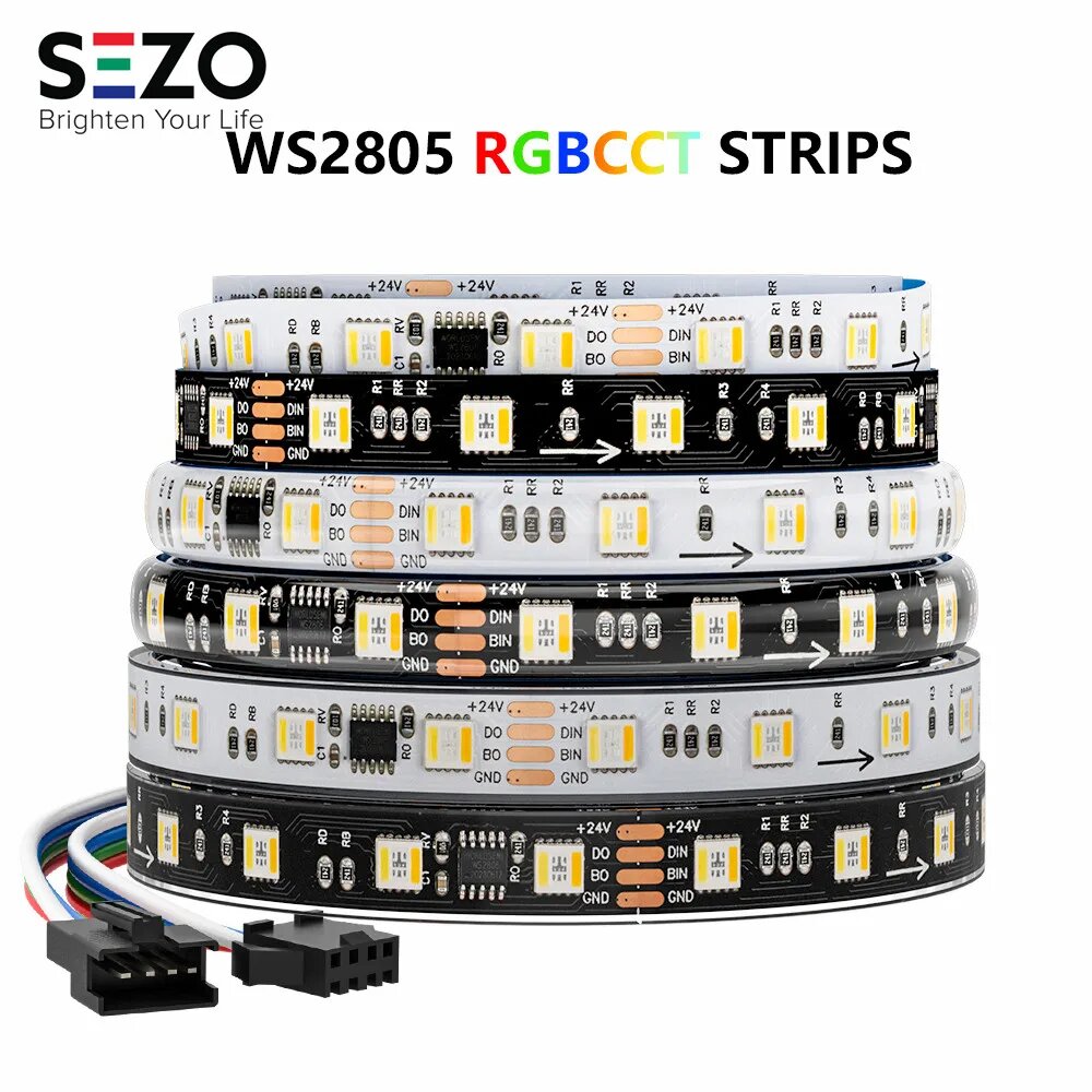Светодиодная лента SEZO WS2805 RGB CCT 24В, 5м, 60 LED/м, DC24V White PCB