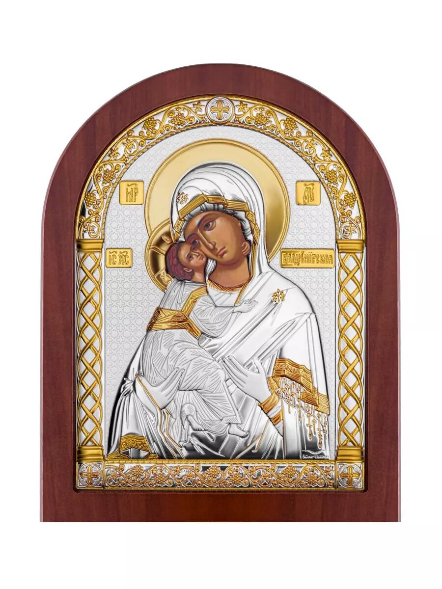 Икона серебряная, греческая Владимирская БМ, 105х140 мм.