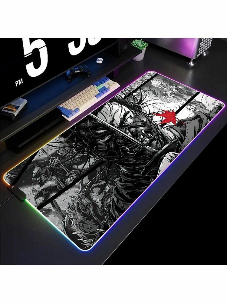 Коврик для мыши Samurai "RGB", игровой, нескользящий, с подсветкой, 40 см x 90 см, белый/черно-серый/хром