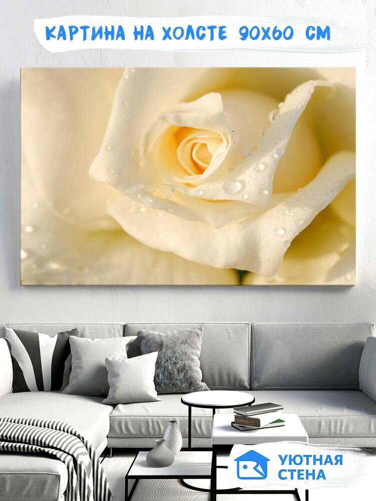 Картина на натуральном холсте Уютная стена "Бутон белой розы крупным планом" 90х60 см