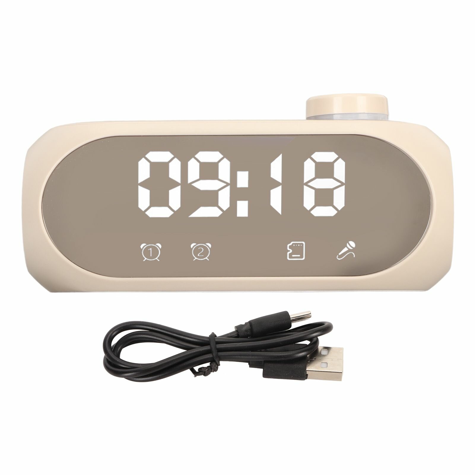 Беспроводной Bluetooth-динамик, RGB-освещение, сильные басы, дисплей температуры, FM-радио, зеркало-будильник, бежевый