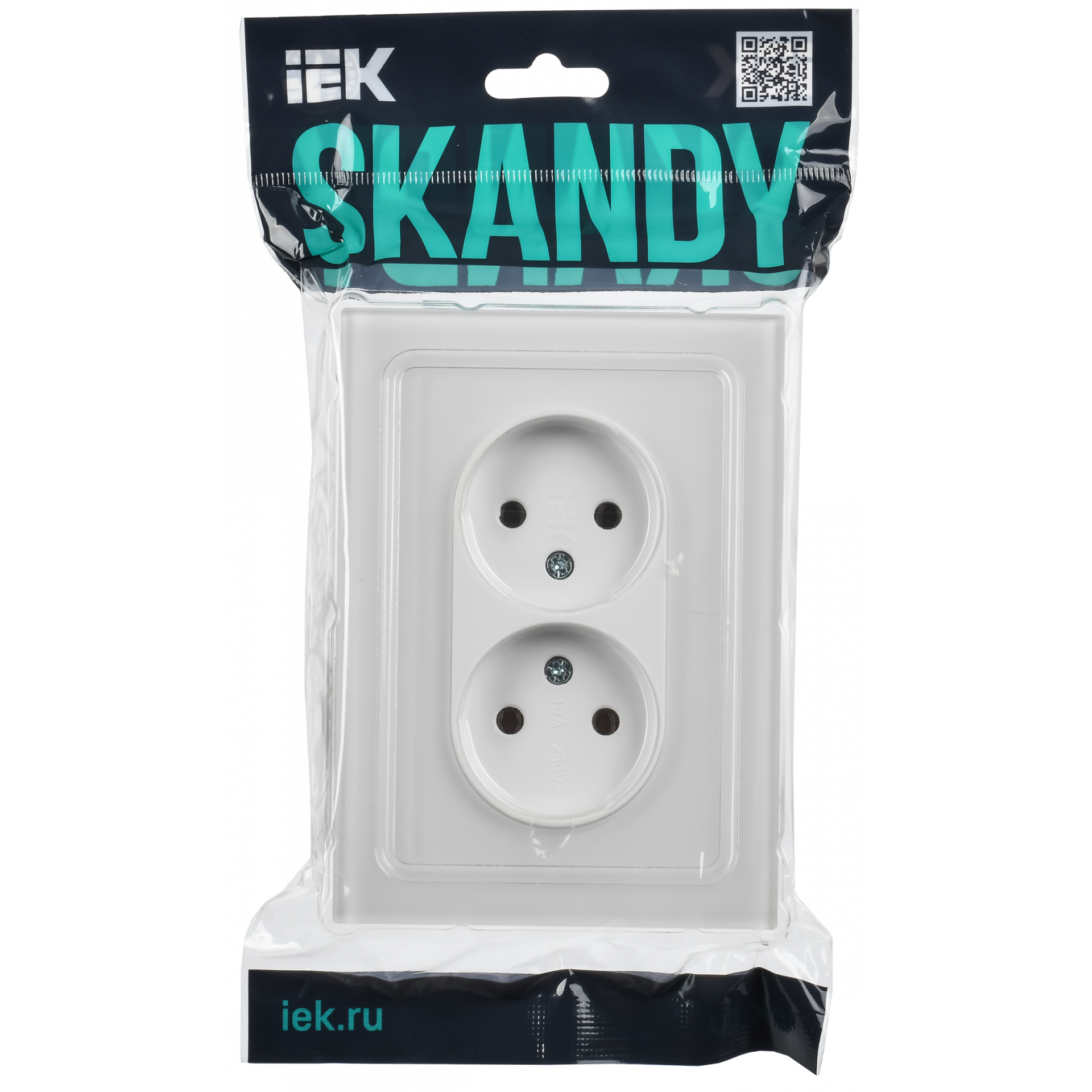 SKANDY Розетка 2-местная без заземления без защитных шторок для плоской вилки 10А SK-R03W стекло арктический белый, IEK SK-R20-10-K01 (1 шт.)