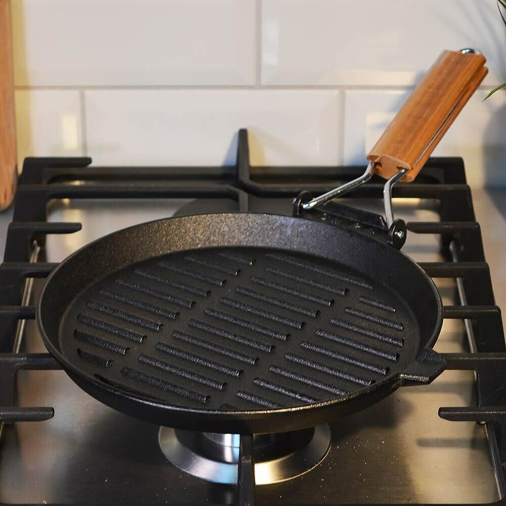 Сковорода-гриль чугунная 24см, рифлёное дно, деревянная складная ручка