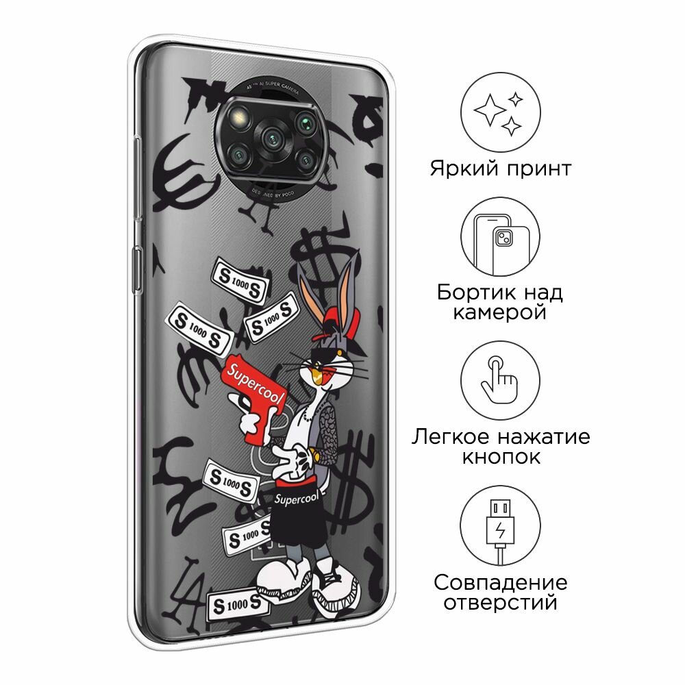 Чехол на Xiaomi Poco X3/X3 Pro / Поко X3/X3 Pro с принтом Supercool Bugs Bunny black, прозрачный — фото 1