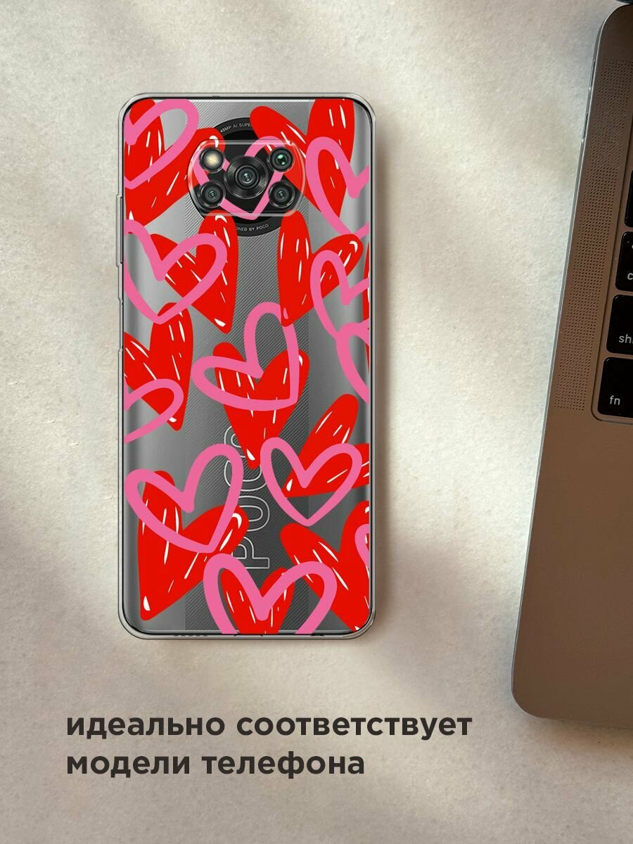 Чехол на Xiaomi Poco X3/X3 Pro / Поко X3/X3 Pro с принтом "Hearts doodles - 14 февраля", прозрачный — фото 1