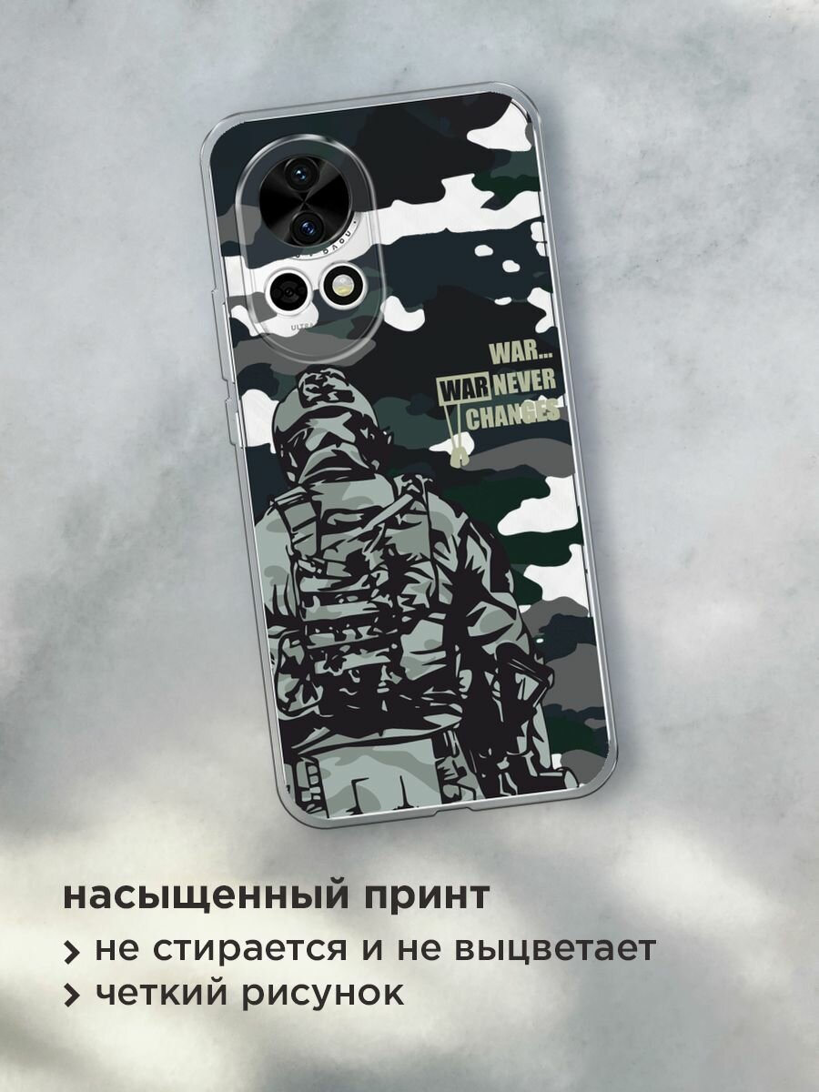Чехол на Huawei Nova 12/Nova13 / Хуавей Нова 12/Нова 13 с принтом "Камуфляж и солдат", прозрачный — фото 1