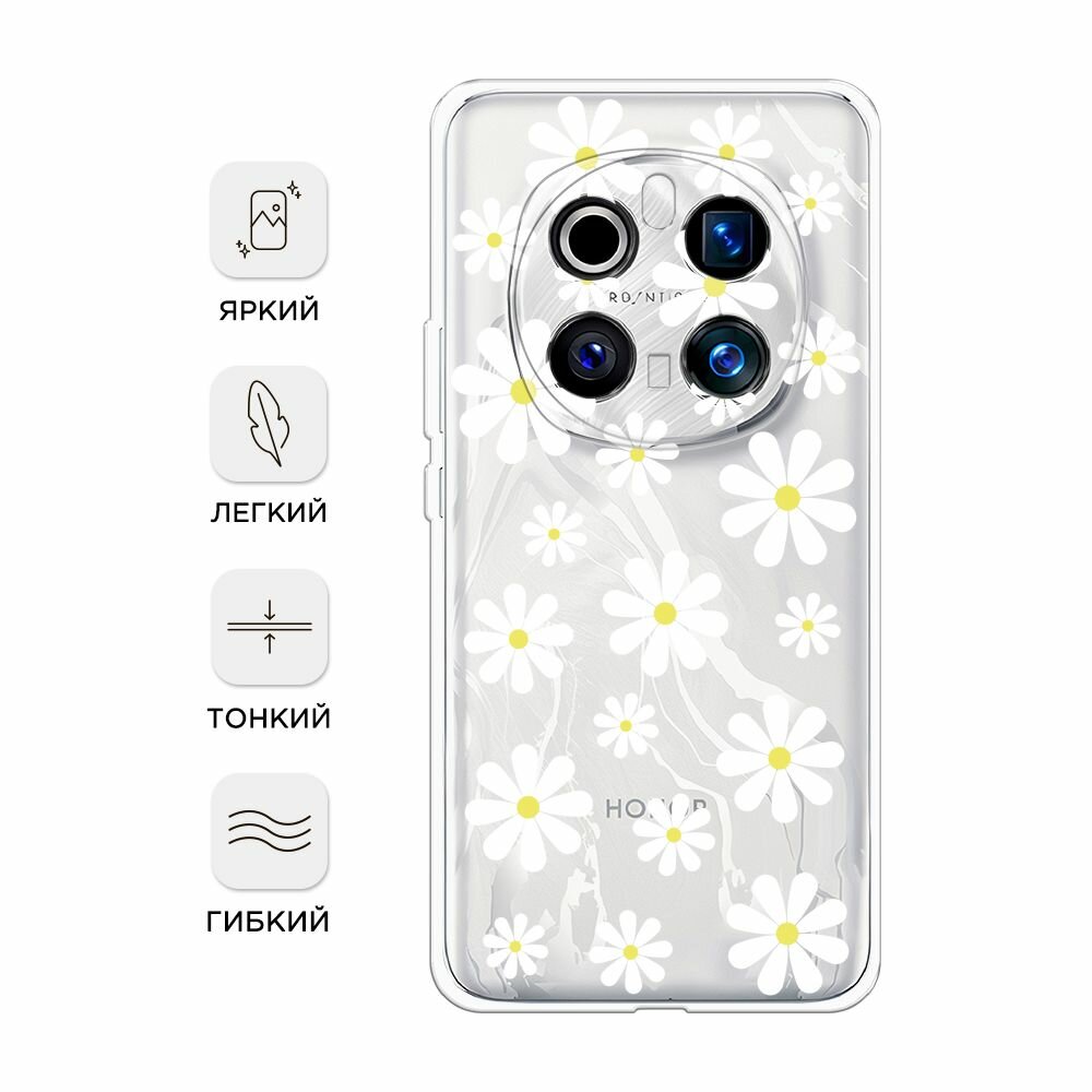 Чехол на Honor Magic 7 Pro / Хонор Мэджик 7 Про с принтом "Большие ромашки", прозрачный — фото 1