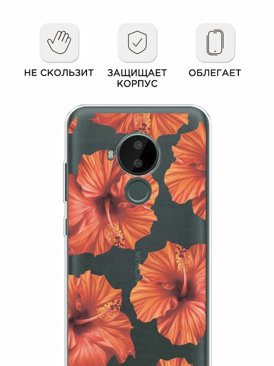 Чехол на Nokia C30 / Нокия C30 с принтом "Рыжие гибискусы", прозрачный — фото 1