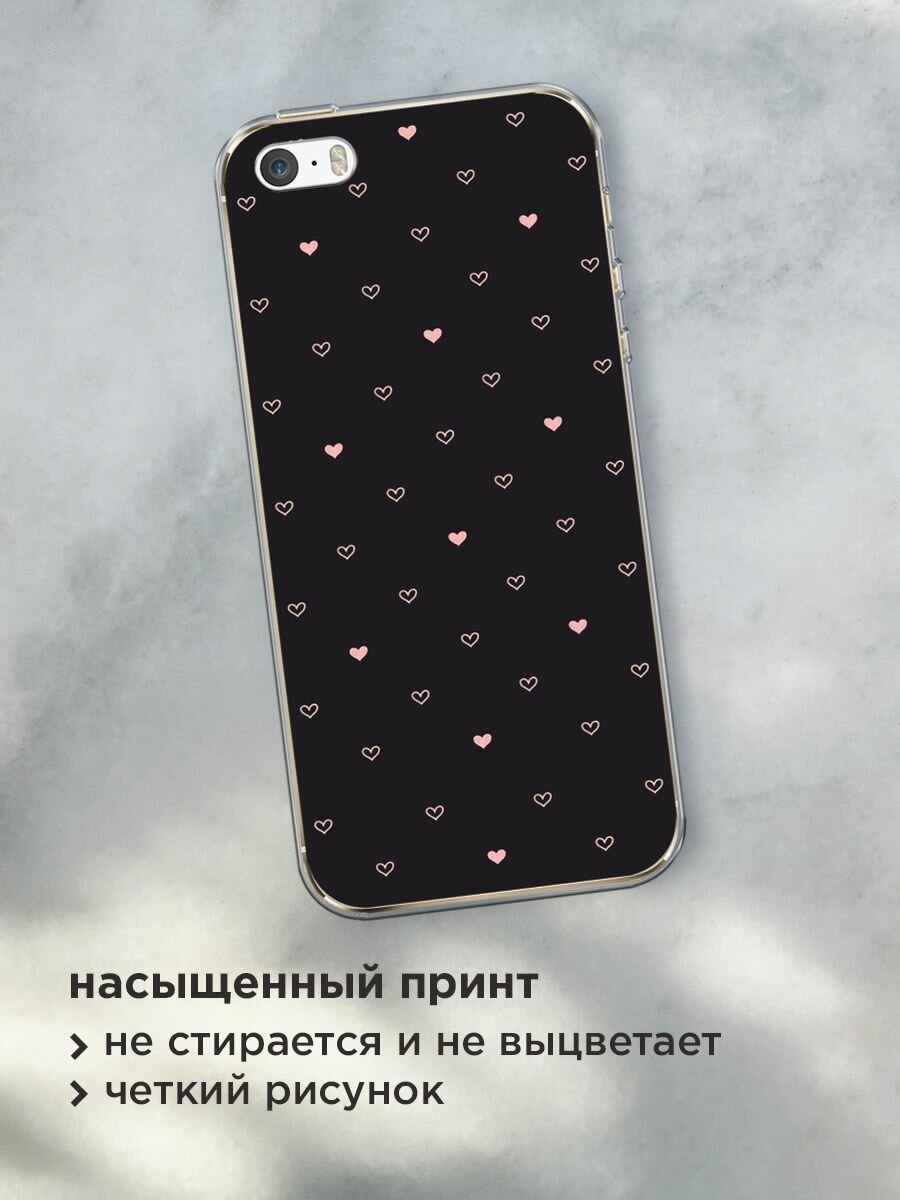 Чехол на Apple iPhone 5/5S/SE / Айфон 5/5S/SE с принтом "Черный фон и сердечки" — фото 1
