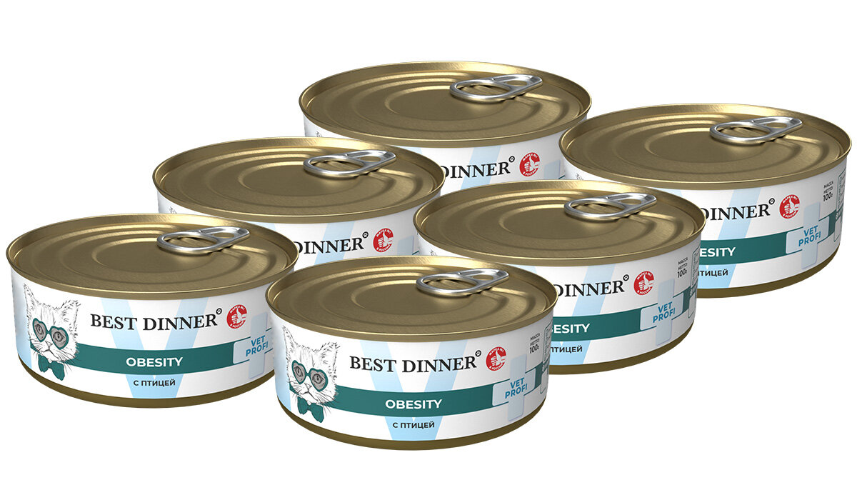 Корм влажный Best Dinner Vet Profi Obesity для кошек для снижения и контроля избыточной массы тела с птицей, 100 г х 6 шт